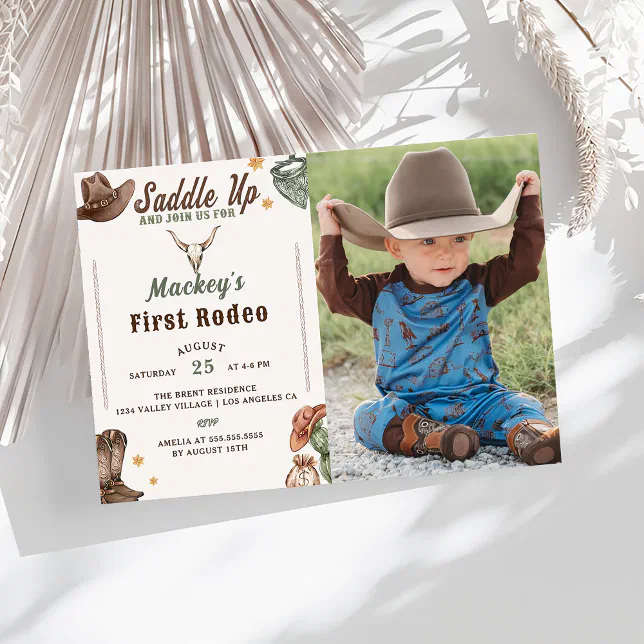 Rustic Cowboy First Rodeo 1st Birthday Photo Invitation | Zazzle