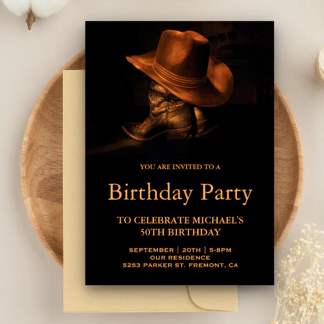 Rustic Cowboy Hat and Boots Birthday Party Invitation | Zazzle
