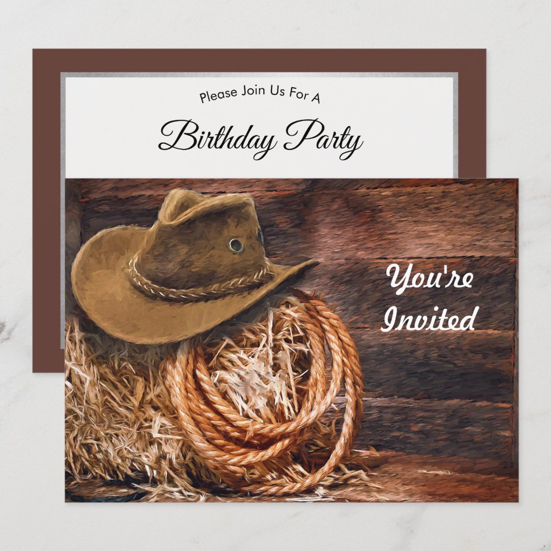 Rustic Cowboy Hat Rope Hay Photo Birthday Invitation | Zazzle