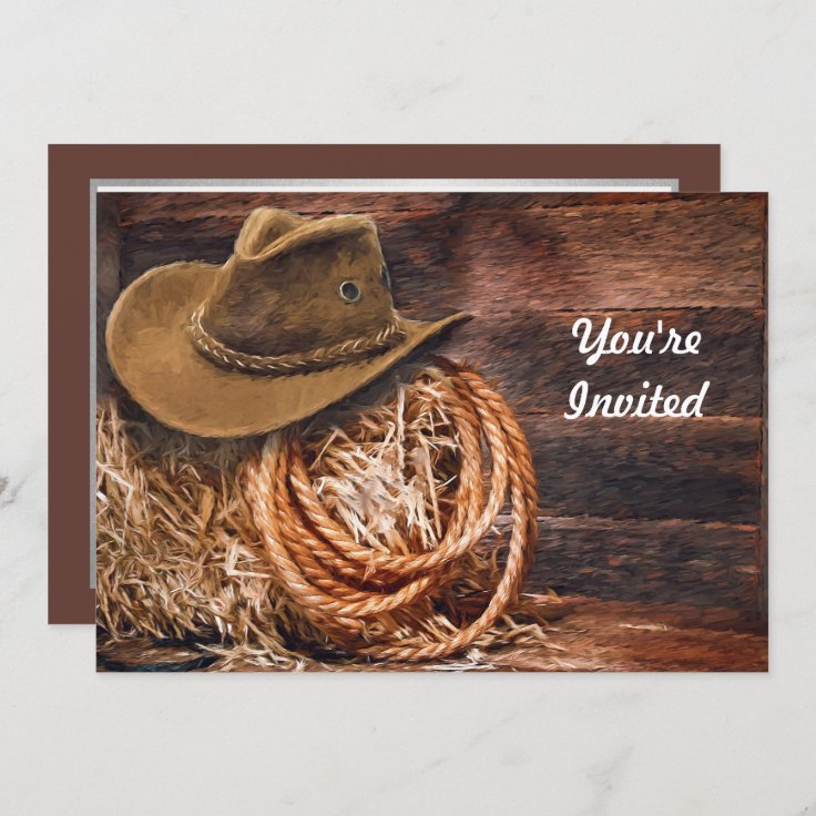 Rustic Cowboy Hat Rope Hay Photo Birthday Invitation | Zazzle