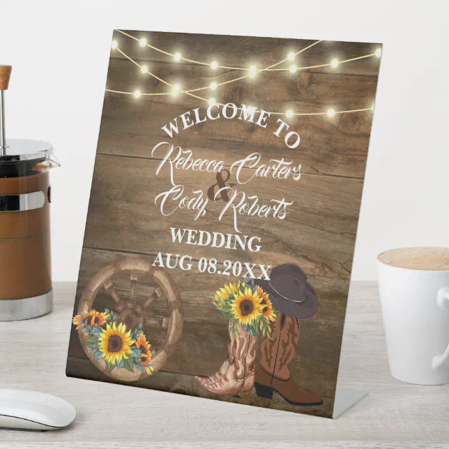 Rustic Cowboy Sunflower Western Wedding Welcome Pedestal Sign | Zazzle