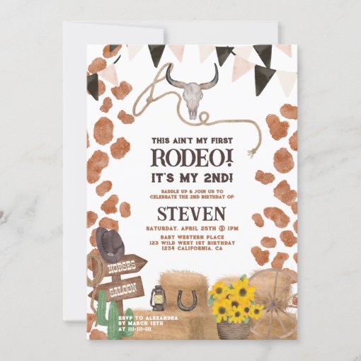 Rustic cowboy western cow first rodeo 2nd birthday invitation | Zazzle