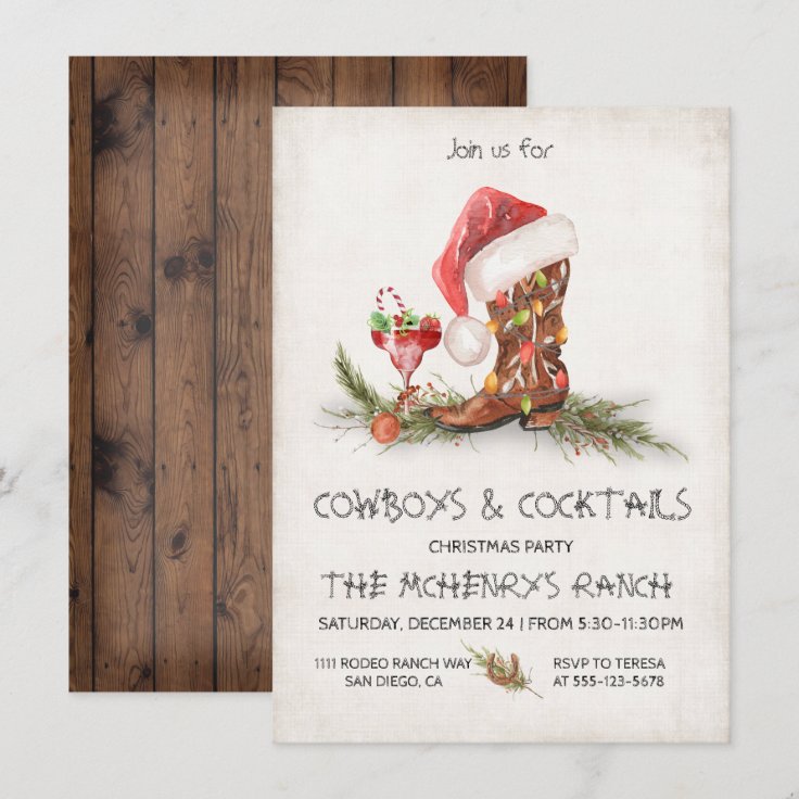 Rustic Cowboys and Cocktails Christmas Party Invitation | Zazzle