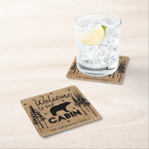 Rustic Cozy Welcome to our Cabin Family Name Square Paper Coaster | Zazzle