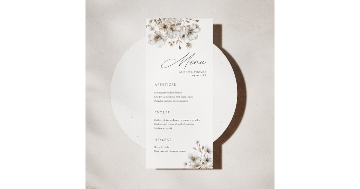Rustic Cream Floral Wedding Menu Card | Zazzle