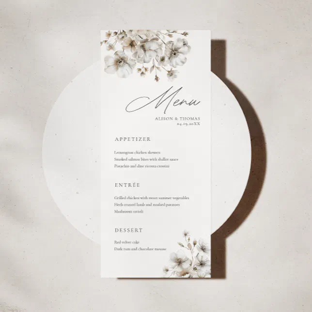 Rustic Cream Floral Wedding Menu Card | Zazzle