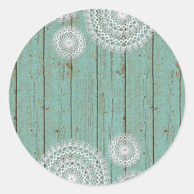 Rustic Crochet Doilies on Turquoise Farmhouse Wood Classic Round ...