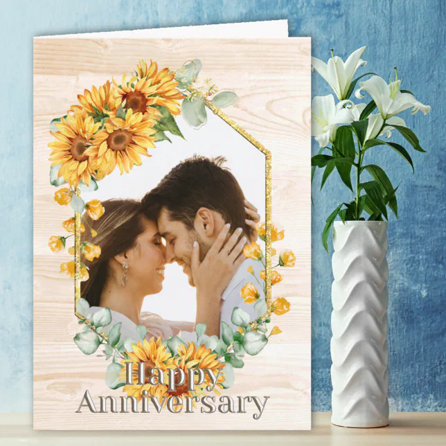 Rustic Custom Photo Sunflower Floral Anniversary Card | Zazzle