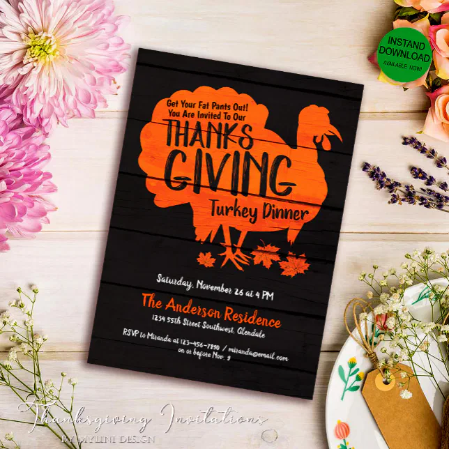 Rustic Custom Turkey Thanksgiving Dinner Invitation | Zazzle