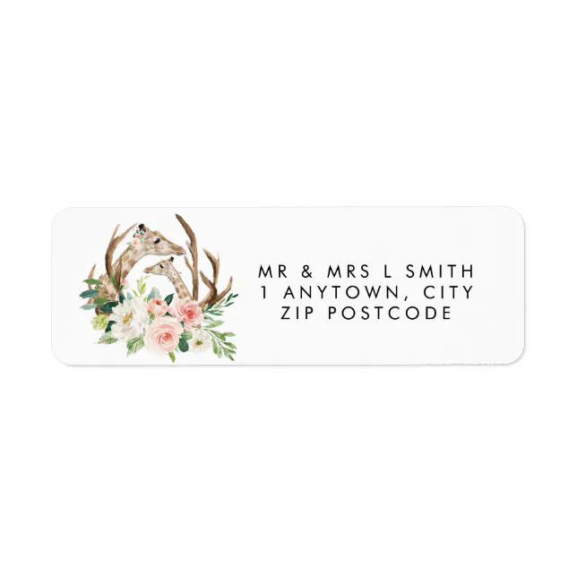 rustic cute giraffes floral return address label | Zazzle