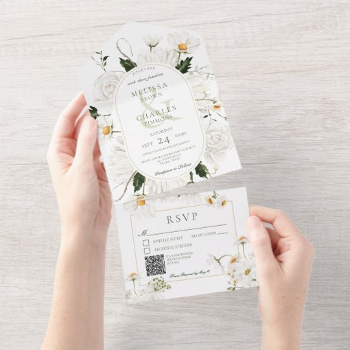 Rustic Daisies & White Flowers QR Code All In One Invitation | Zazzle