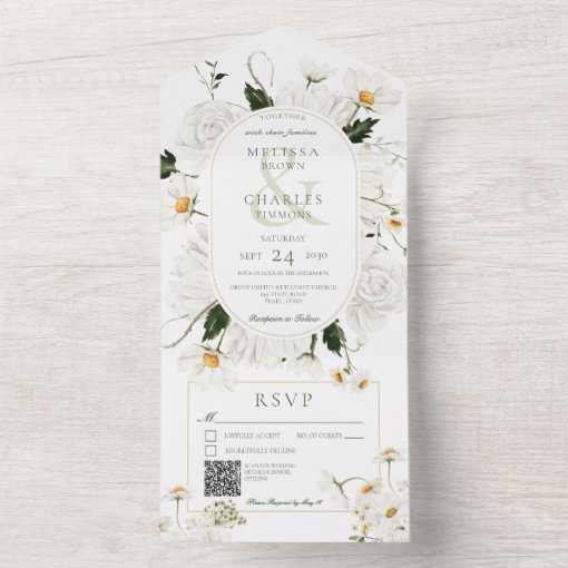Rustic Daisies & White Flowers QR Code All In One Invitation | Zazzle