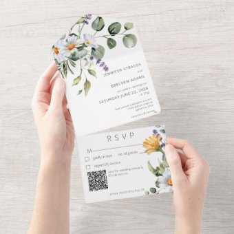 Rustic Daisy & Lavender Floral White QR Code All In One Invitation | Zazzle