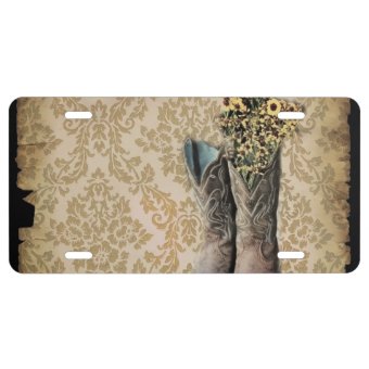 rustic damask western country cowboy boot license plate | Zazzle