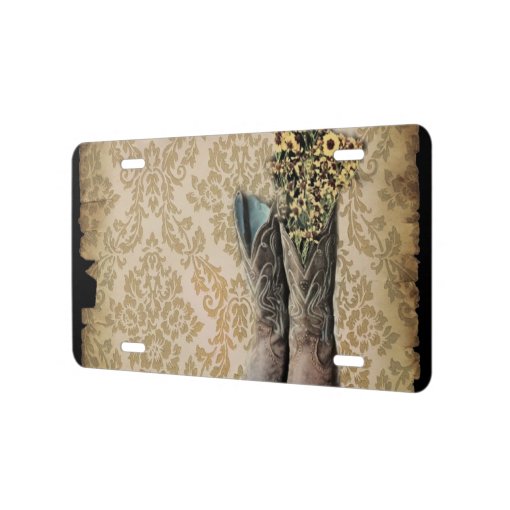 rustic damask western country cowboy boot license plate | Zazzle