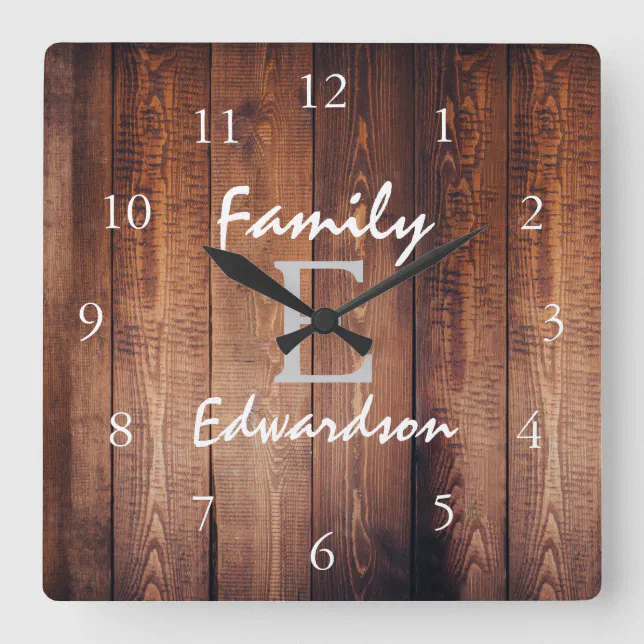 Rustic dark barn wood monogram name square wall clock | Zazzle