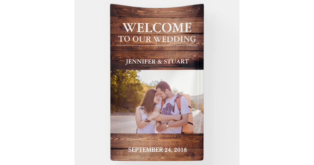 Rustic dark barn wood Welcome photo wedding Banner | Zazzle