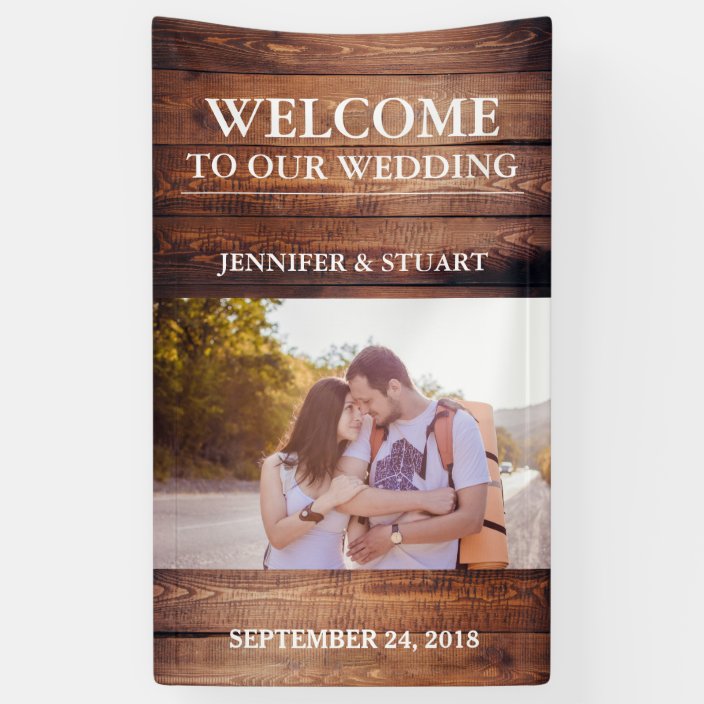 Rustic dark barn wood Welcome photo wedding Banner | Zazzle.com
