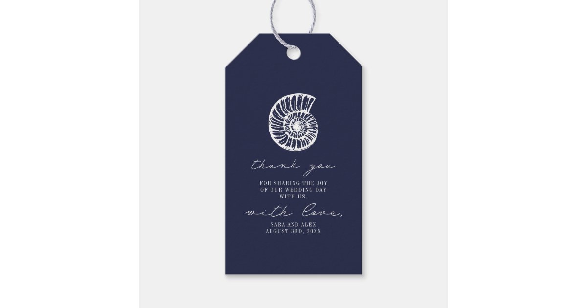Rustic Dark Blue Beach Shell Wedding Thank You Gift Tags | Zazzle
