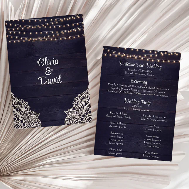 Rustic Dark Blue Wood String Light Wedding Program | Zazzle