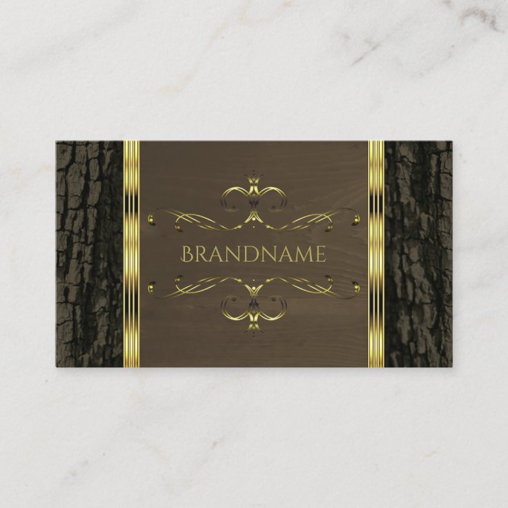 Rustic Dark Brown Tree Bark Wood Grain Gold Border Business Card | Zazzle