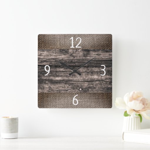 Rustic Dark Brown Wood And Burlap Farmhouse Square Wall Clock | Zazzle
