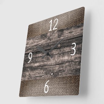 Rustic Dark Brown Wood And Burlap Farmhouse Square Wall Clock | Zazzle
