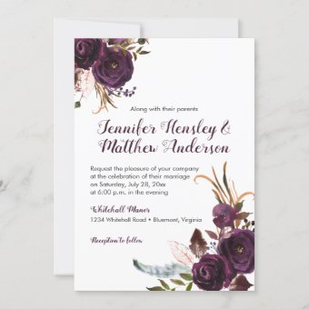 Rustic Dark Purple Floral Boho Fall Wedding Invitation | Zazzle