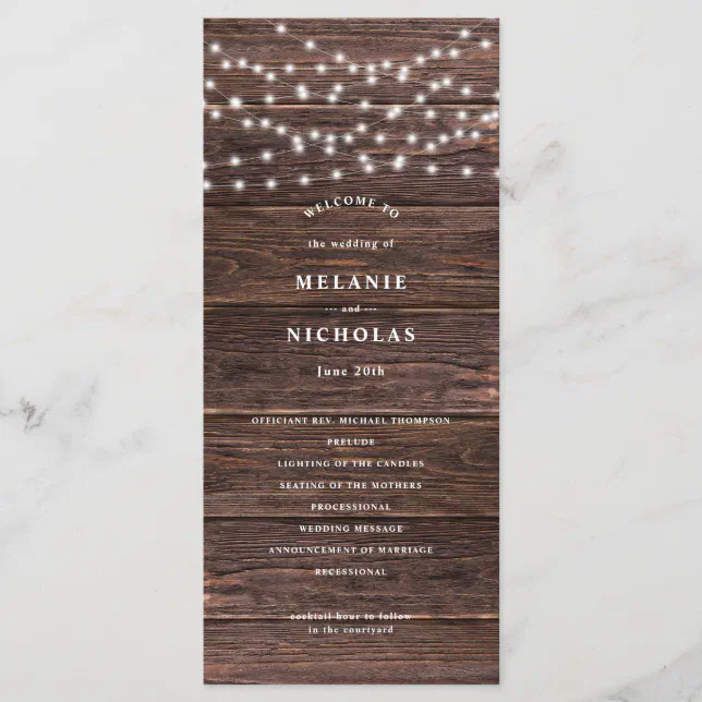Rustic Dark Wood and String Lights Wedding Program | Zazzle
