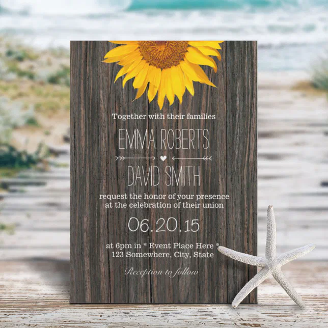 Rustic Dark Wood Background Sunflower Wedding Invitation | Zazzle