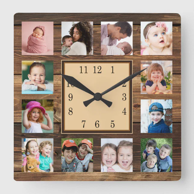 Rustic Dark Wood Family Keepsake 12 Photo Collage Square Wall Clock ...