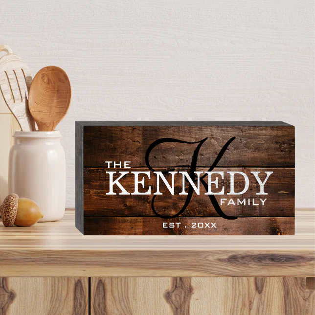 Rustic Dark Wood Family Monogram Last Name Wooden Box Sign | Zazzle
