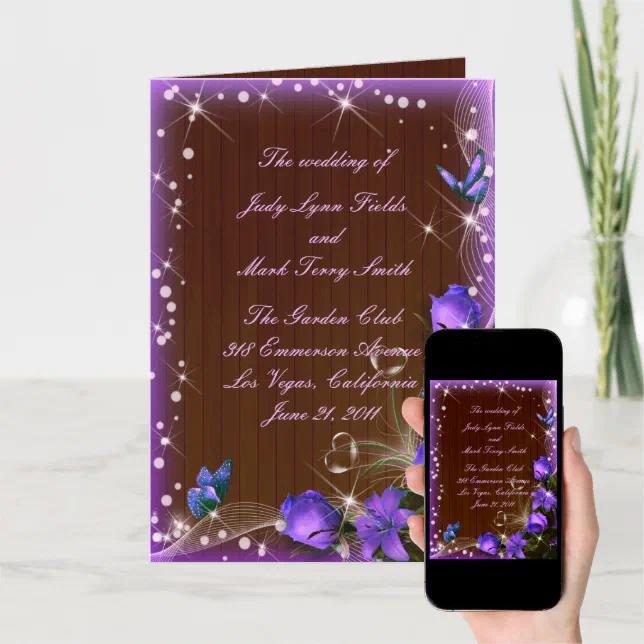 Rustic Dark Wood Purple Floral Program Card | Zazzle