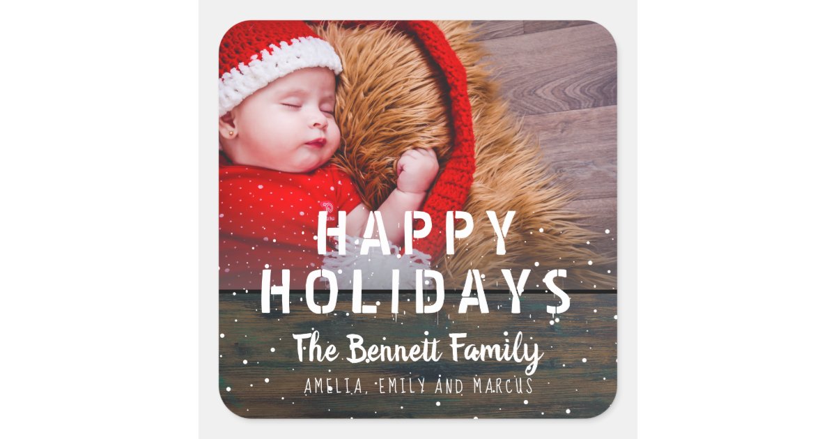 Rustic Dark Wood Typography Happy Holidays Photo Square Sticker | Zazzle