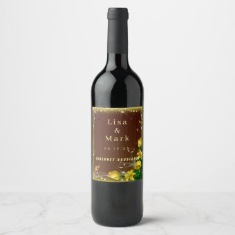 Rustic Dark Wood Yellow Floral Butterfly Wedding Wine Label | Zazzle