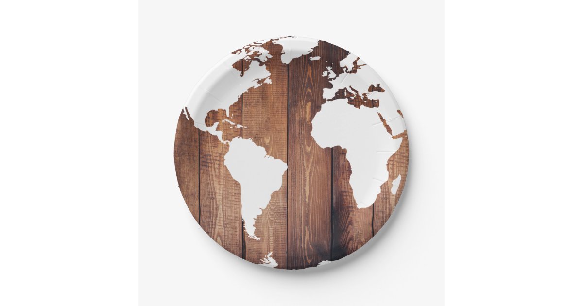Rustic Dark Wooden Planks & White World Map Paper Plates | Zazzle