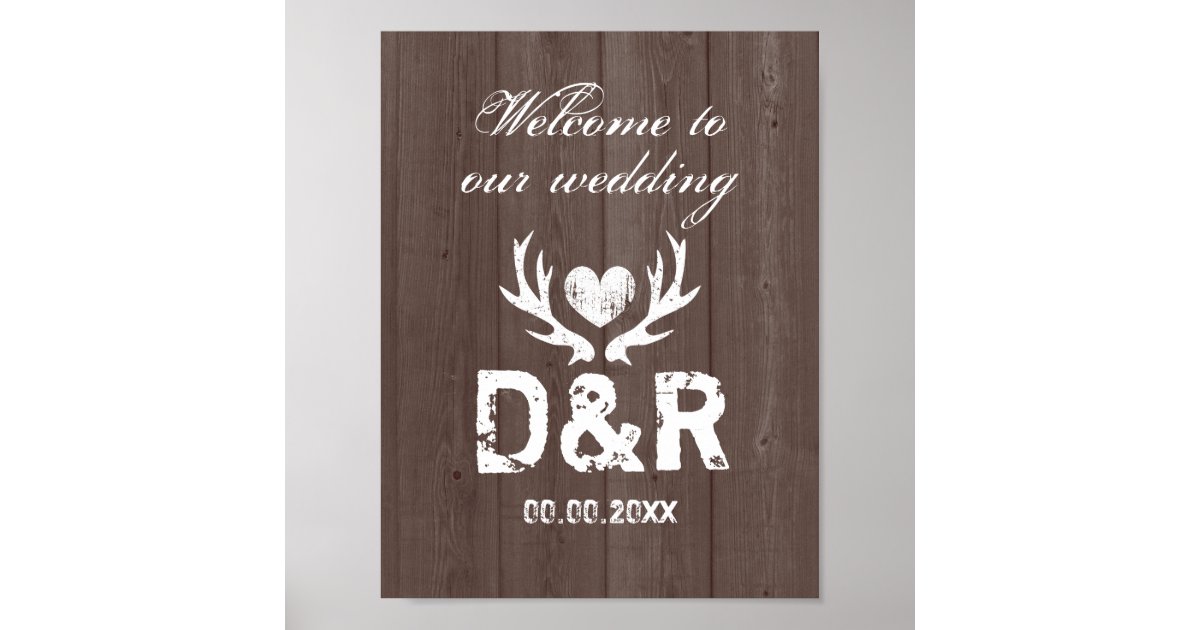 Rustic deer antler barn wood grain wedding posters | Zazzle