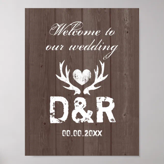 Rustic deer antler barn wood grain wedding posters | Zazzle