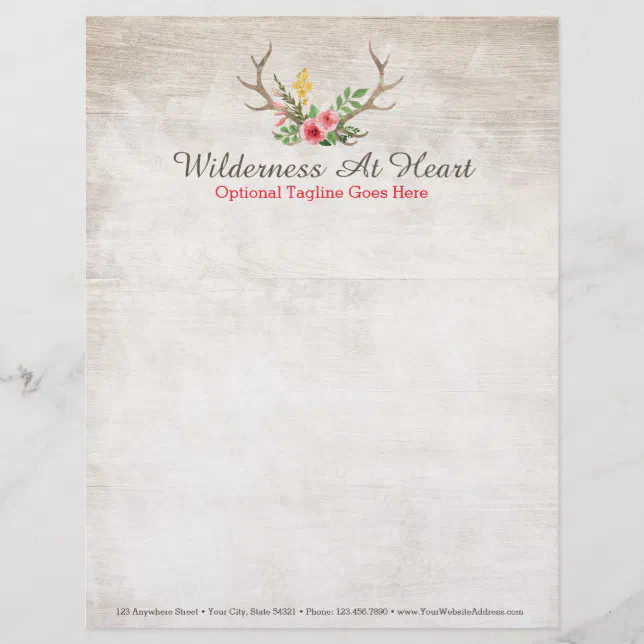Rustic Deer Antler Bohemian Floral Watercolor Wood Letterhead | Zazzle