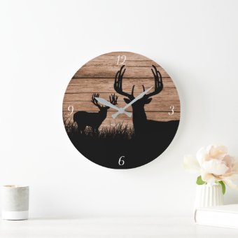 Rustic Deer Antlers Buck Hunting Large Clock | Zazzle