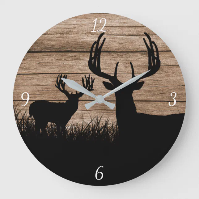 Rustic Deer Antlers Buck Hunting Large Clock | Zazzle