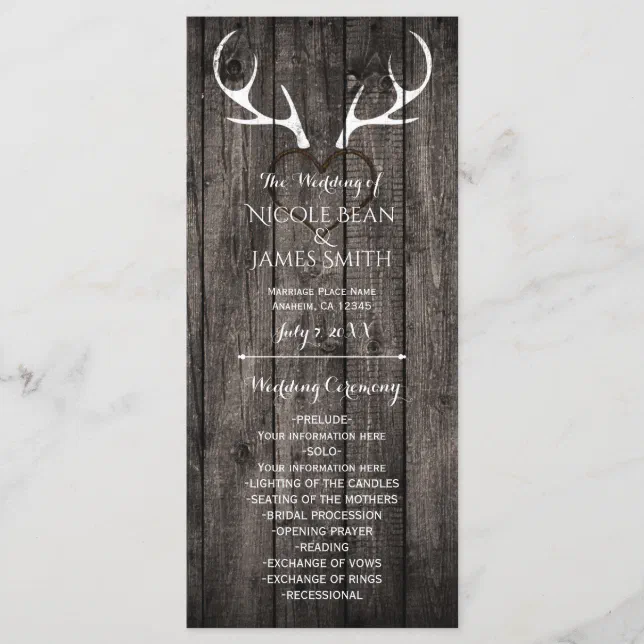 Rustic Deer Antlers & Carved Heart Wedding Program | Zazzle