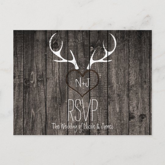 Rustic Deer Antlers & Carved Heart Wedding RSVP Invitation Postcard | Zazzle.com