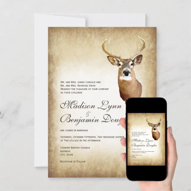 Rustic Deer Antlers Hunting Wedding Invitations | Zazzle