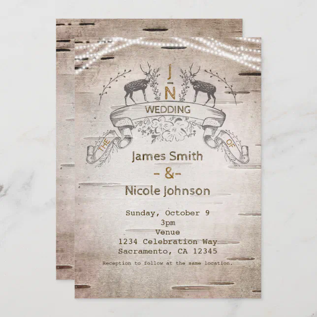 Rustic Deer & Branches Birch Wedding Invitations | Zazzle