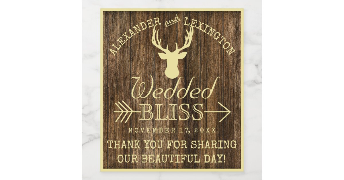 Rustic Deer Buck on Wood Hunter's Wedding Wine Label | Zazzle