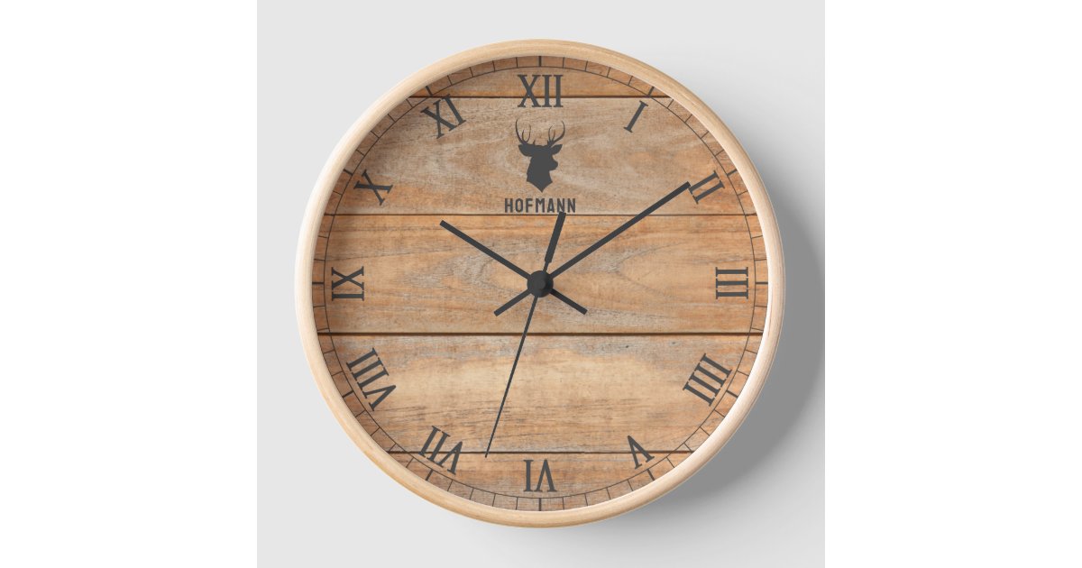 Rustic Deer Head Round Natural Wood Personalized Clock | Zazzle