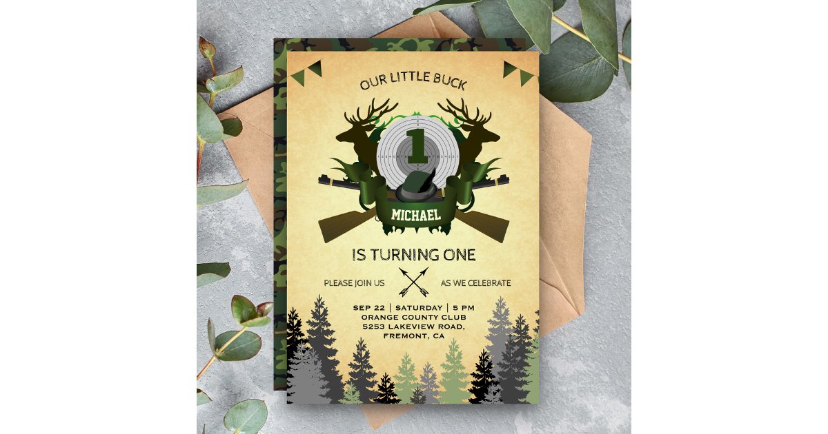 Rustic Deer Hunting 1st Birthday Party Invitation | Zazzle