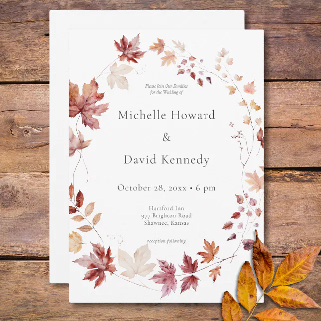 Rustic Delicate Burgundy & Rust Fall Leaves Wreath Invitation | Zazzle