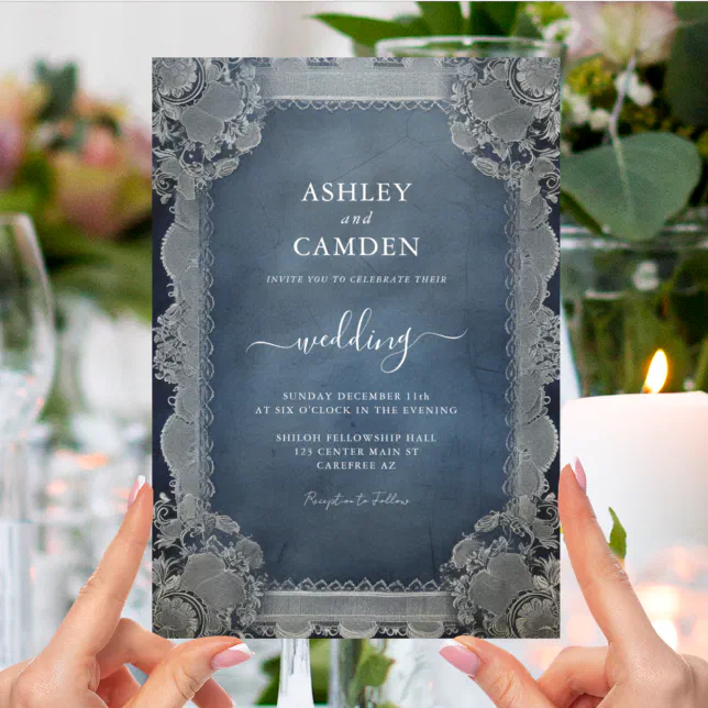 Rustic Denim Blue and Lace Wedding Invitation | Zazzle